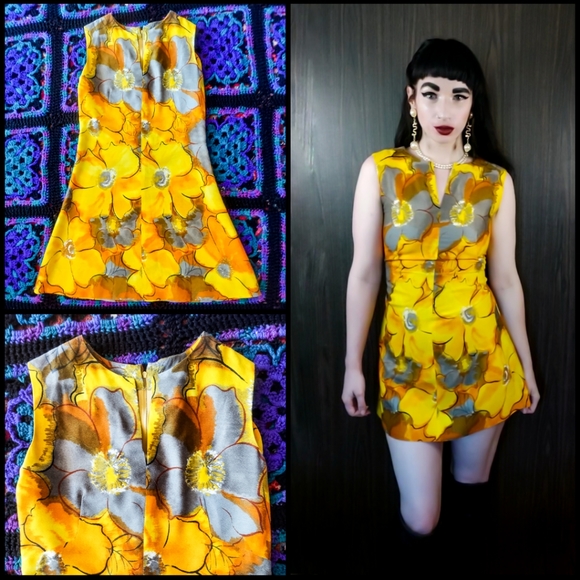 Vintage | Dresses | Vintage 6s Floral Split Neck Mod Micro Mini Dress ...